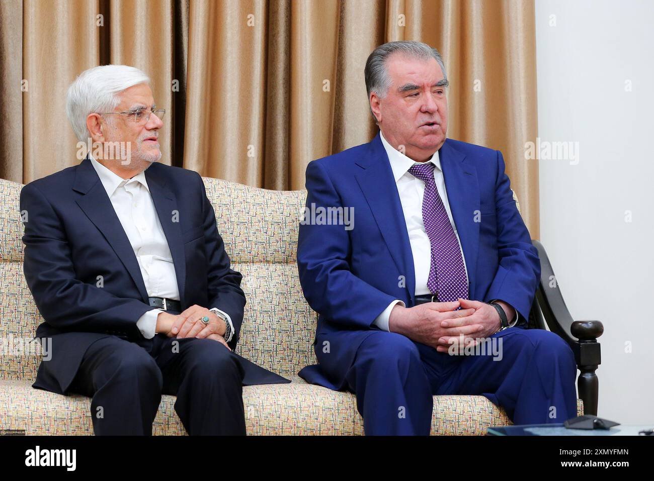 Tehran, Iran. 30th July, 2024. Iranian Supreme Leader (unseen) talks to President of Tajikistan ...