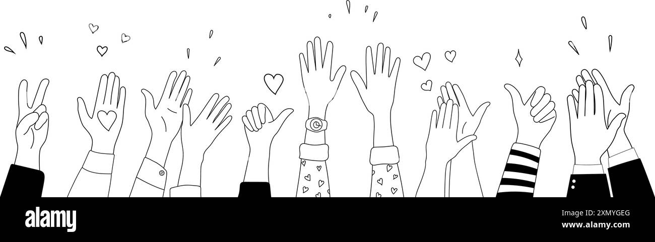 Doodle sketch hands up gestures comic icons silhouettes vector set ...