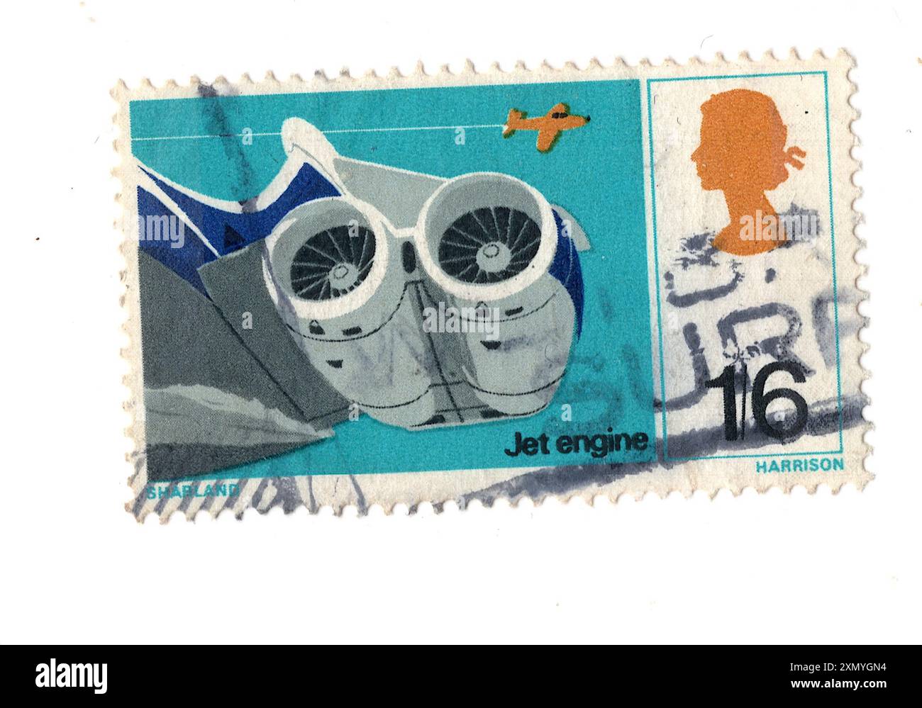 A vintage Queen Elizabeth II postage stamp featuring a jet engine on a ...