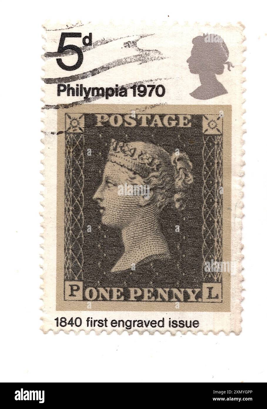 A vintage Queen Elizabeth II postage stamp featuring a penny black ...