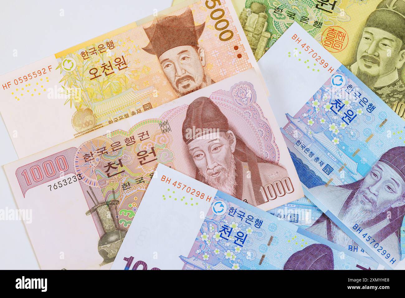 Korea national bank issues cash banknotes of various denominations ...
