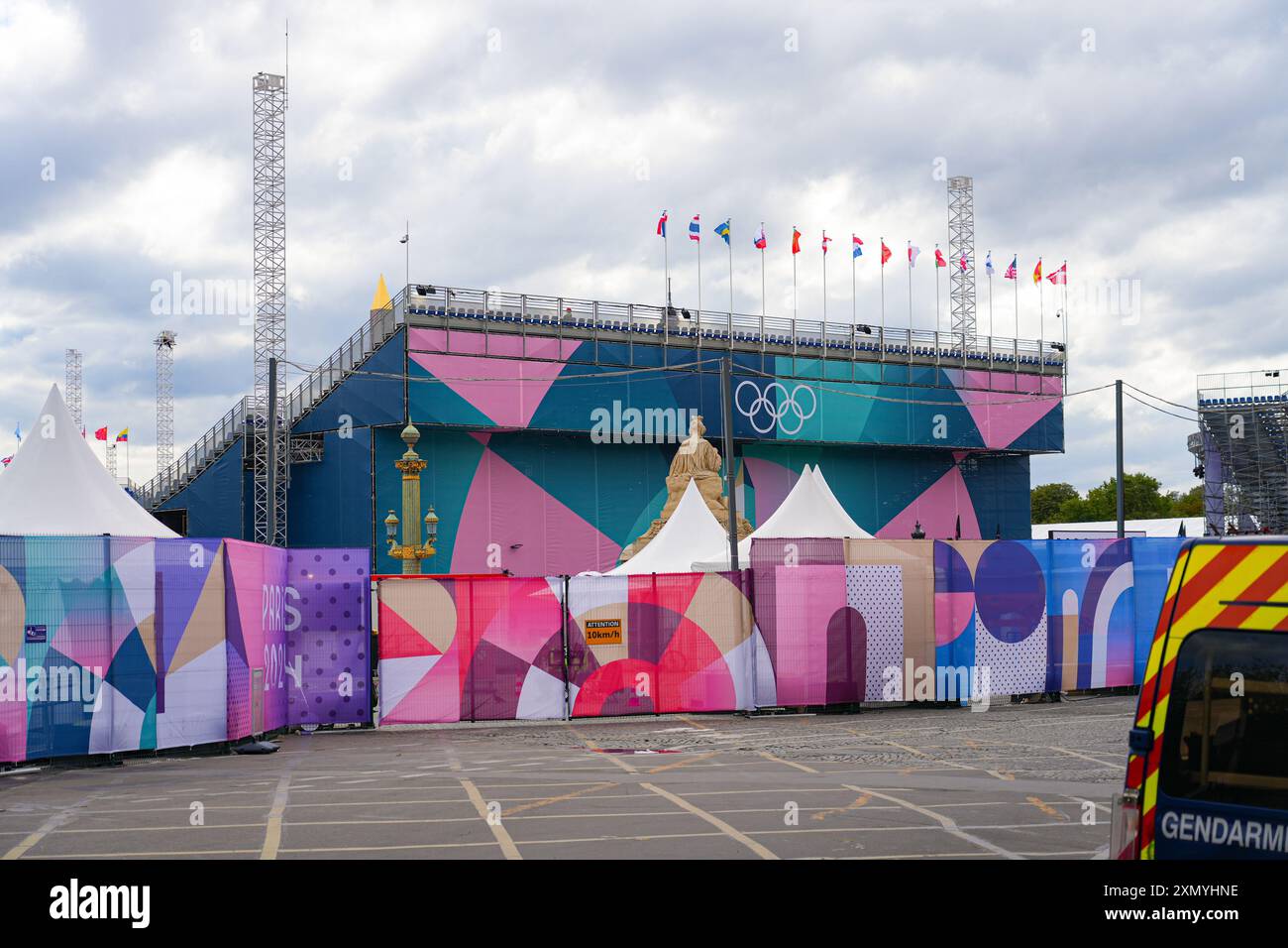 Temporary stadiums built with metallic framework on the Place de la ...