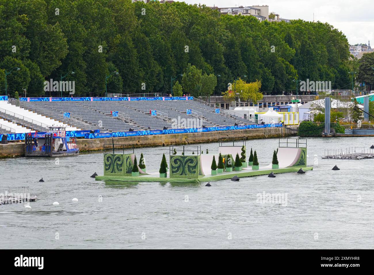 BMX ramp on a floating barge installed on the Seine river for the ...