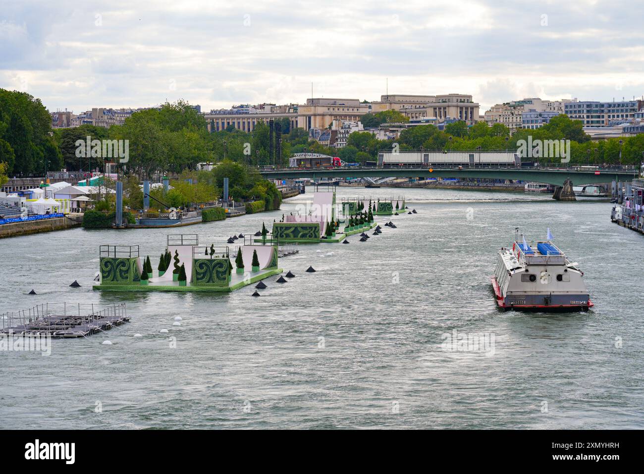 BMX ramp on a floating barge installed on the Seine river for the ...