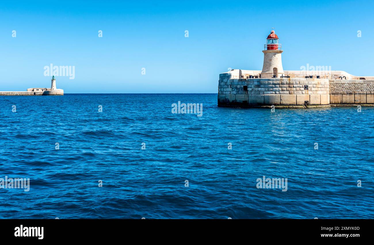 St Elmo and Ricasoli Breakwater Lighthouses - Valletta - Malta Stock ...