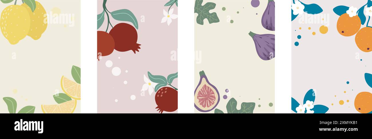 Set of vertical fruit flyers for summer design. Lemon, pomegranate ...