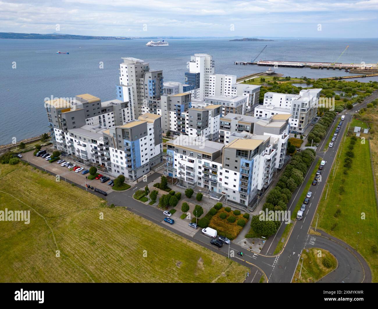 Aerial view of apartment buildings at Western Harbour in Leith ...