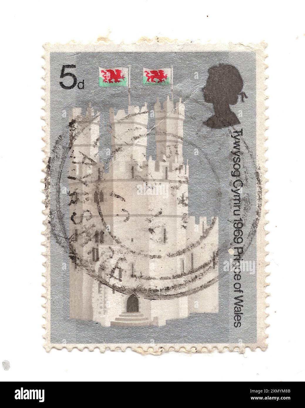 A vintage Queen Elizabeth II postage stamp featuring a Welsh castle on ...