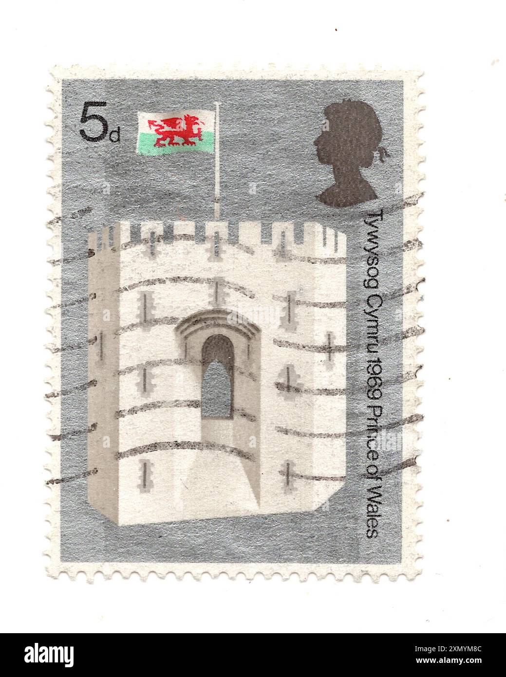 A vintage Queen Elizabeth II postage stamp featuring a Welsh castle on ...