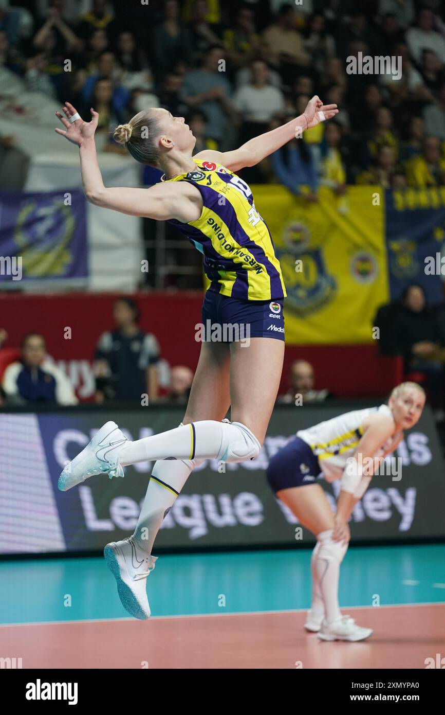 ISTANBUL, TURKIYE - FEBRUARY 28, 2024: Arina Fedorovtseva serves during ...