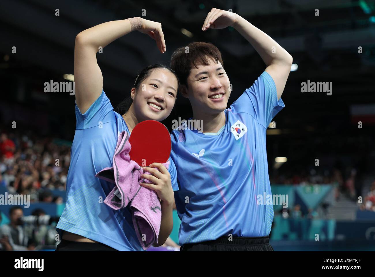 Paris, France. 30th July, 2024. Lim Jonghoon (R)/Shin Yubin of South Korea celebrate winning the ...