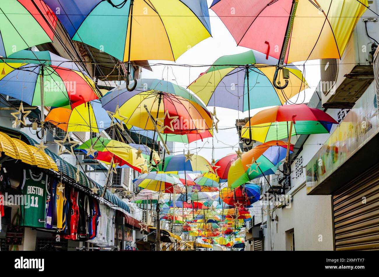 Decorative, colourful, umbrellas hanging overhead along Lorong Song ...