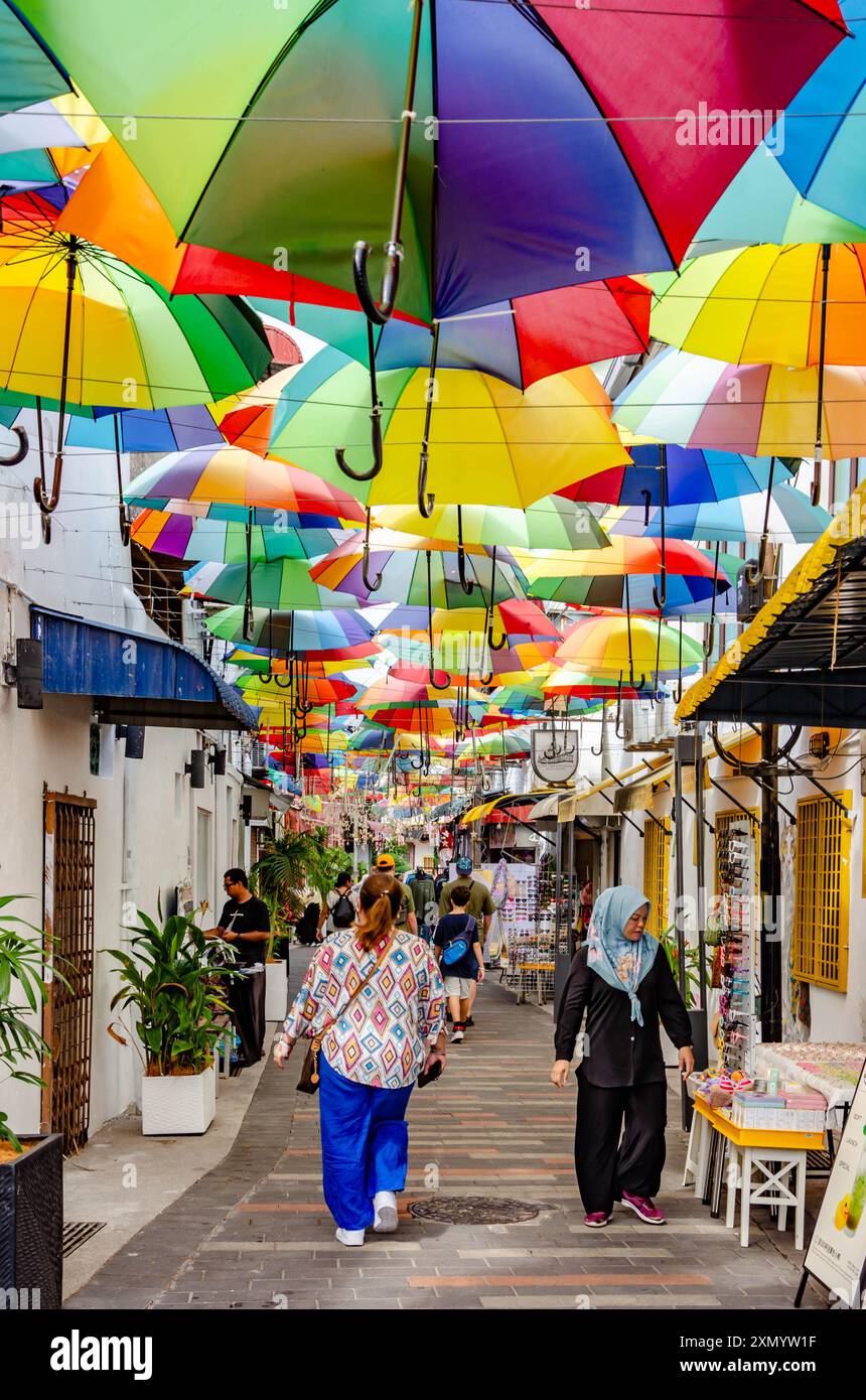 Decorative, colourful, umbrellas hanging overhead along Lorong Song ...
