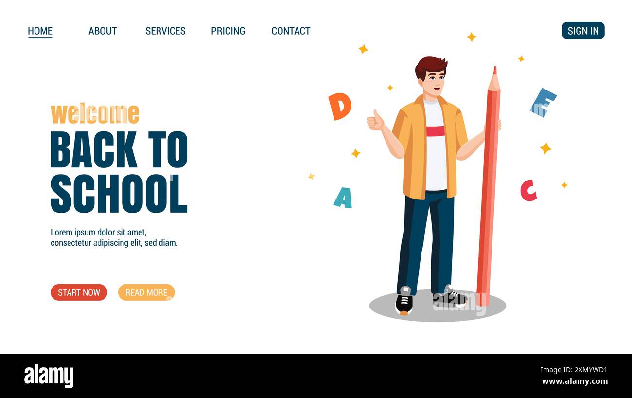 Young man with huge pencil Surrounded with letters Shows thumbs up ...