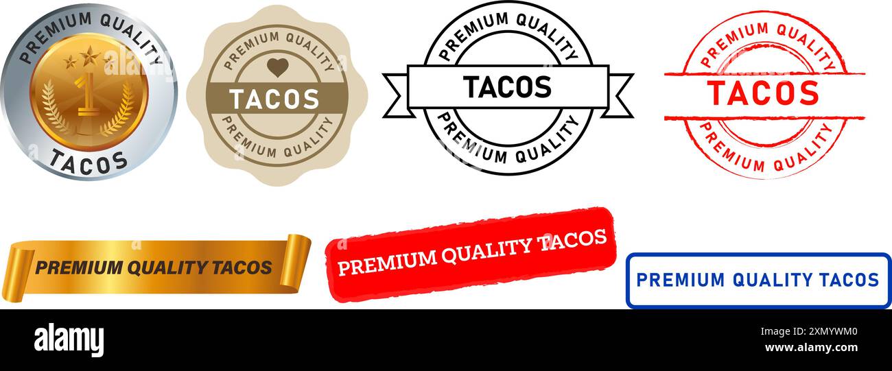 premium tacos stamp collection food watermark icon label red blue gold ...