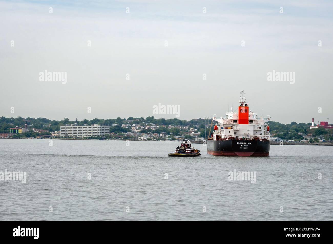 New York, USA - June 7, 2019: A tugboat guides a cargo ship through ...