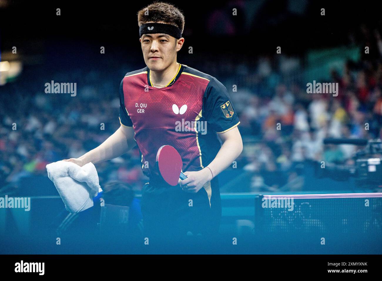 Dang Qiu (GER) im Spiel gegen Kirill Gerassimenko (KAZ) Tischtennis, Olympische Spiele Paris ...