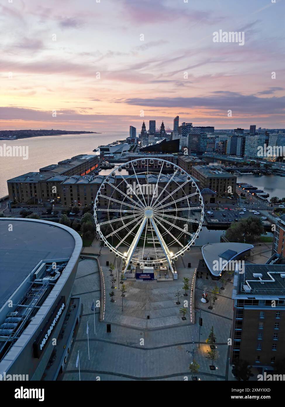 Aerial View of The Wheel of Liverpool with Albert Dock and waterfront ...