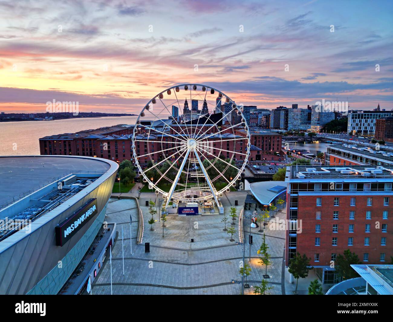 Aerial View of The Wheel of Liverpool with Albert Dock and waterfront ...