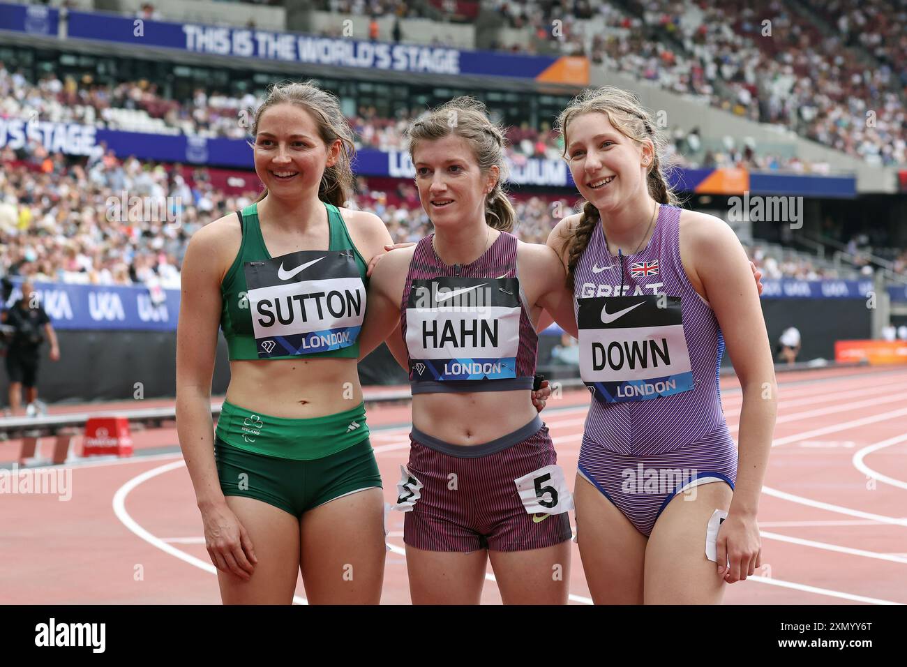 Sophie HAHN, Maddie DOWN, Lana SUTTON after finishing top three in the Ambulant 100m in the ...