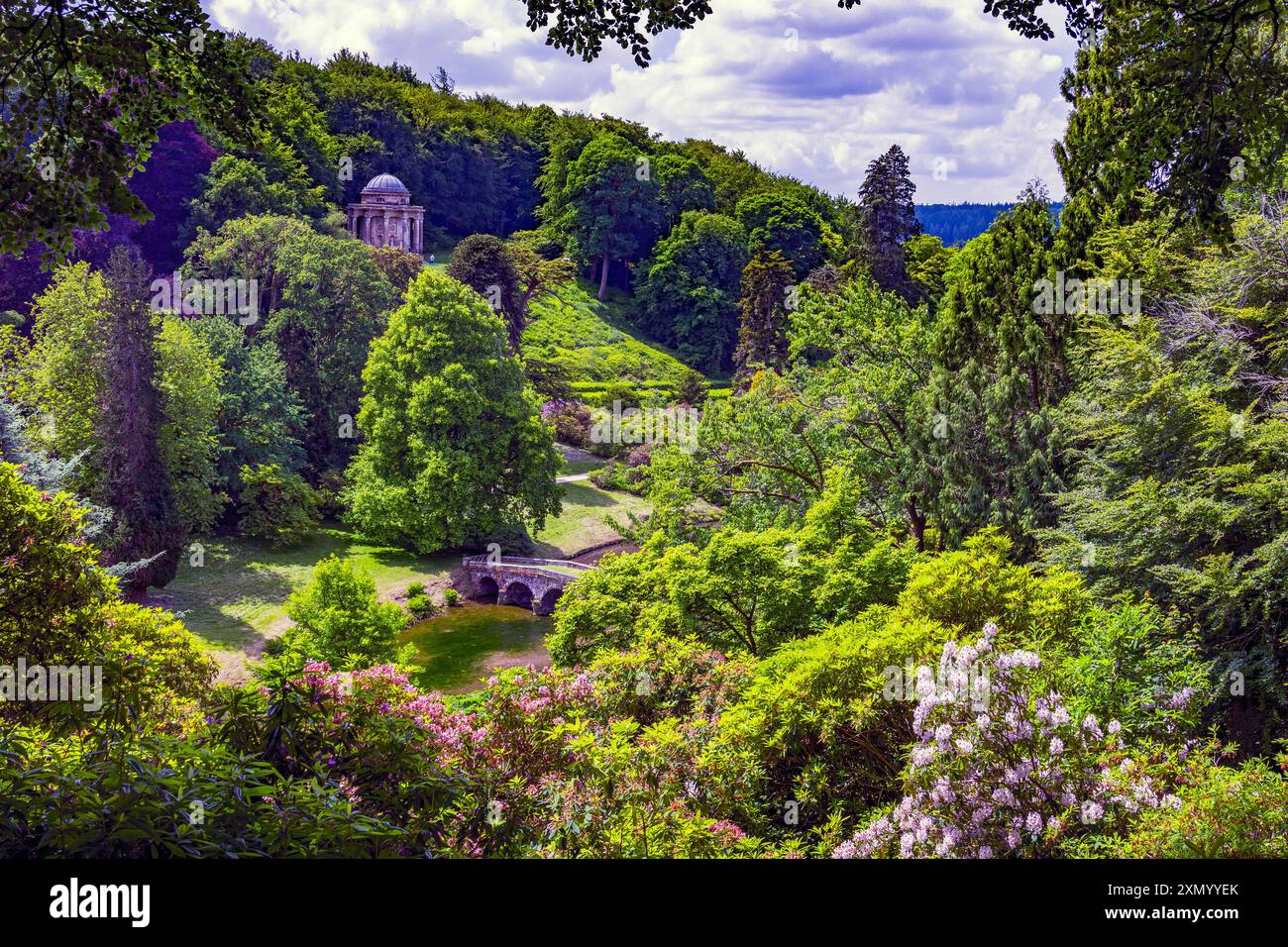The Temple of Apollo, Palladian bridge and colourful rhodoendrons and ...