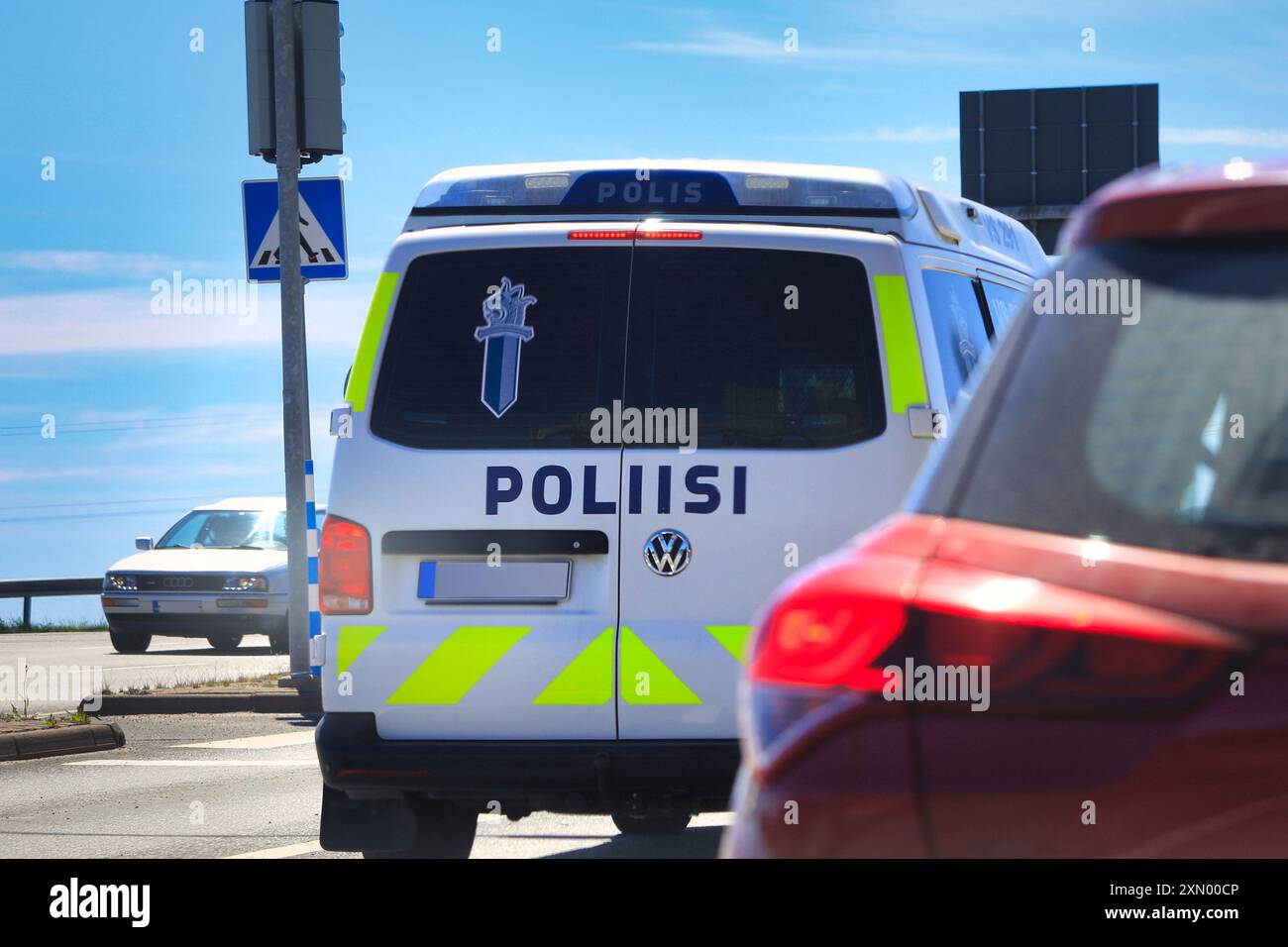 Finnish Police Vehicle Volkswagen Transporter in traffic, rear view ...