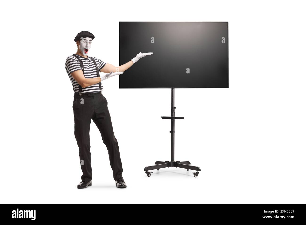 Full length portrait of a mime presenting a tv show isolated on white ...