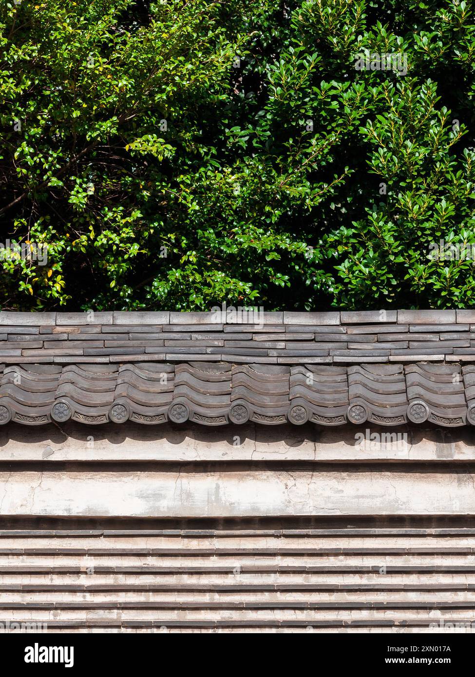 Japanese old wall with traditional tiles and green hedge as background ...
