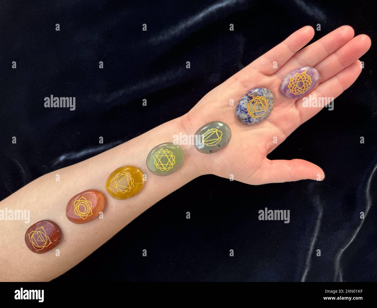 Human Arm Displaying Seven Chakra Stones on Dark Background Stock Photo ...