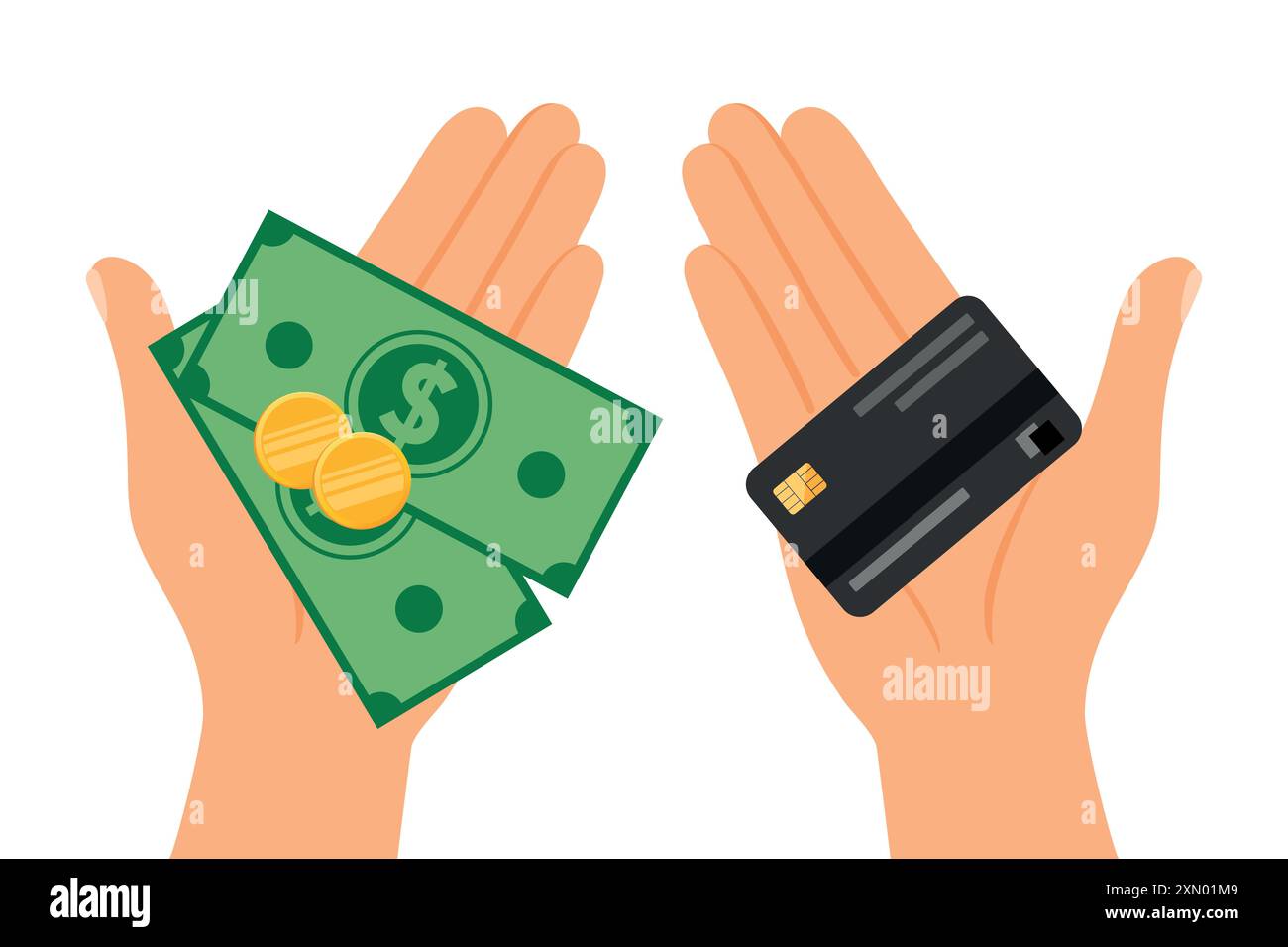 Hands hold cash money and credit card. Choose payment by cash or card ...