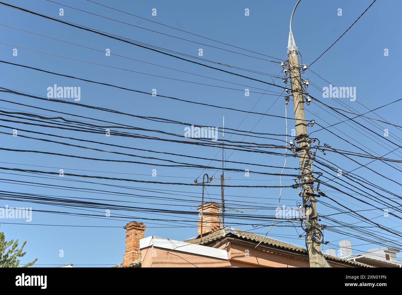 cables and wires on an electric pole Stock Photo - Alamy