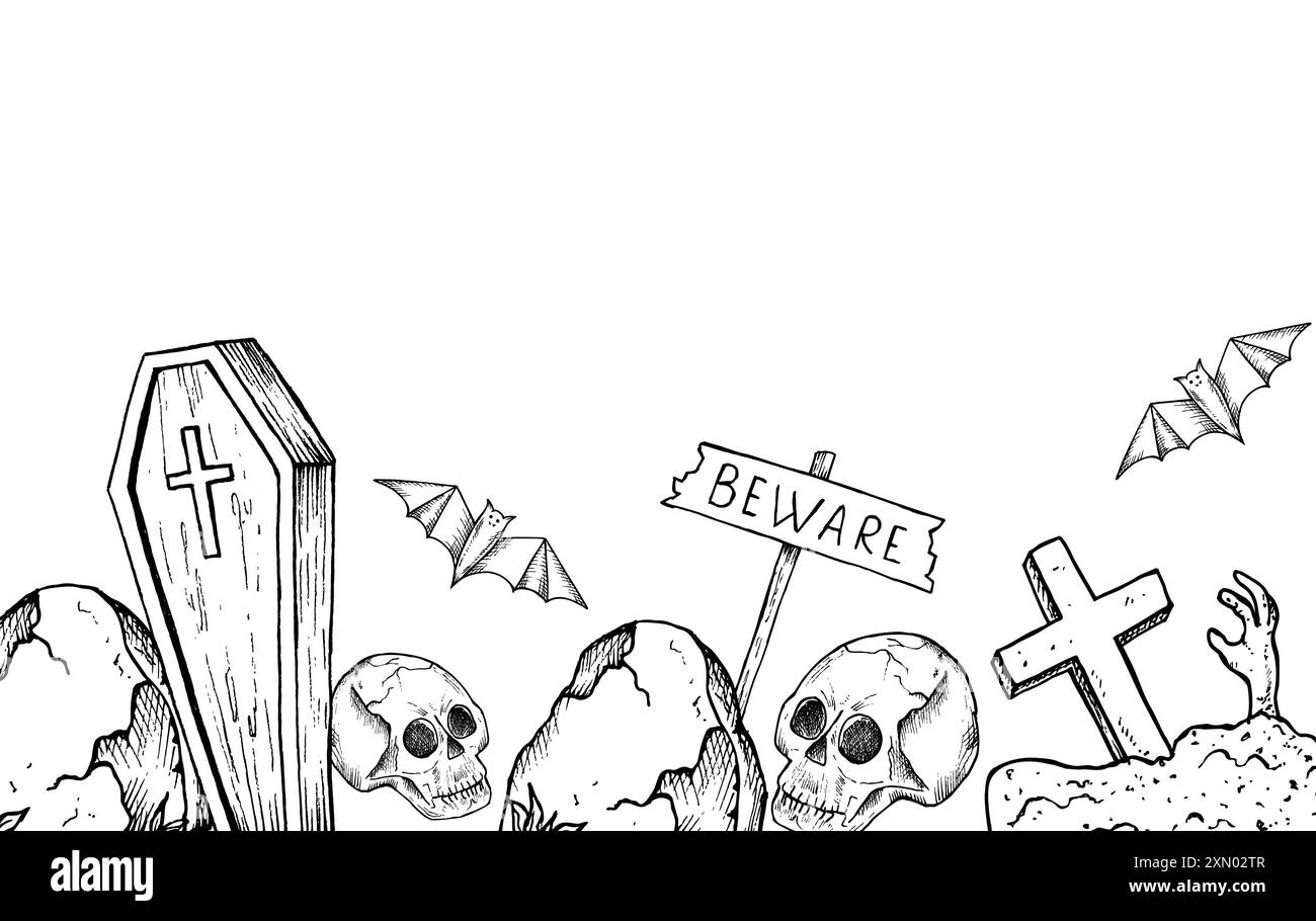 Human skull with black eyes frame. Vector zombie arms sticking out of ...