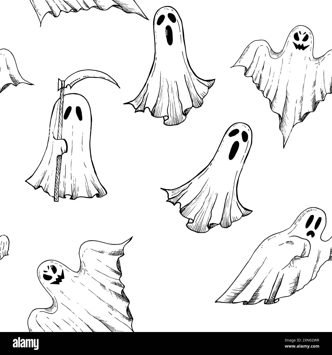 Vector halloween scary ghost seamless pattern. Hand painted linear ...