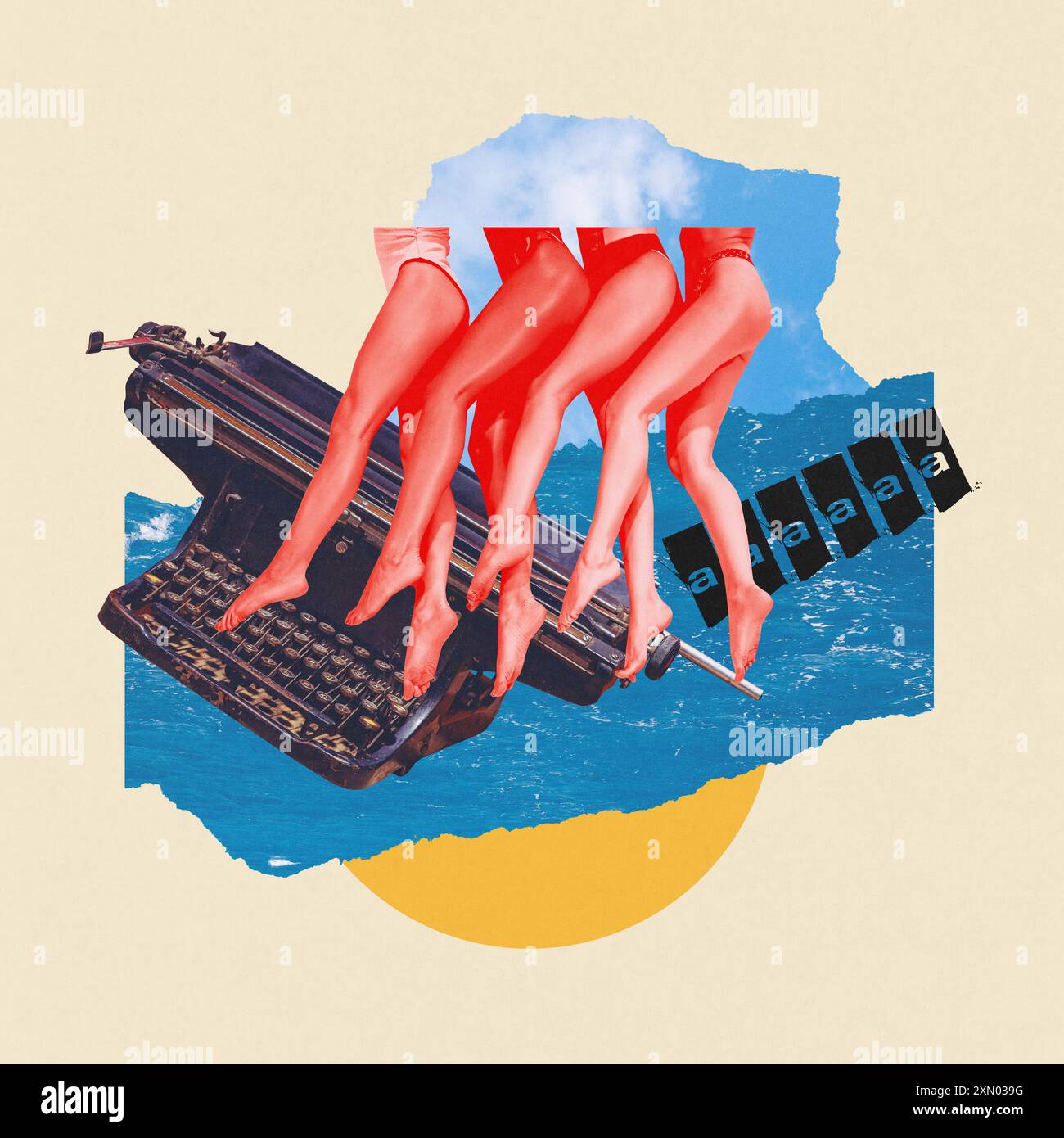 Contemporary art collage. Red-tinted legs dancing on vintage typewriter ...