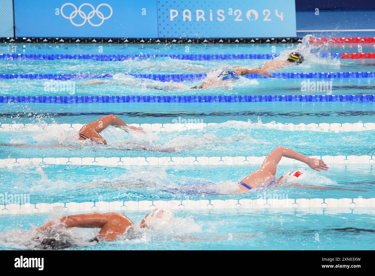 Paris, France. 30th July, 2024. Katie Ledecky of the USA, center left ...