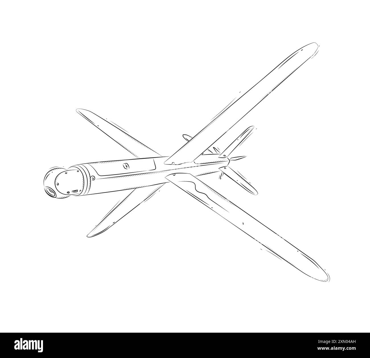 Military FPV drone with camera and wings drawn in black on white ...
