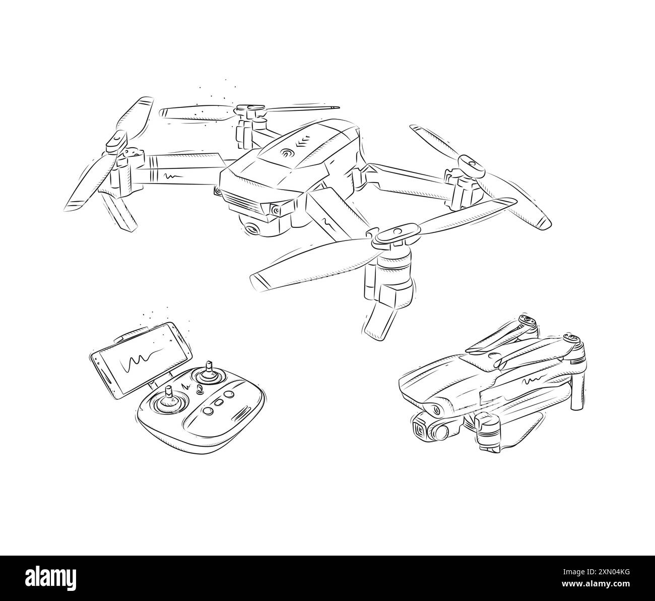 Drone quadcopter in folded and unfolded form and controller for remote ...