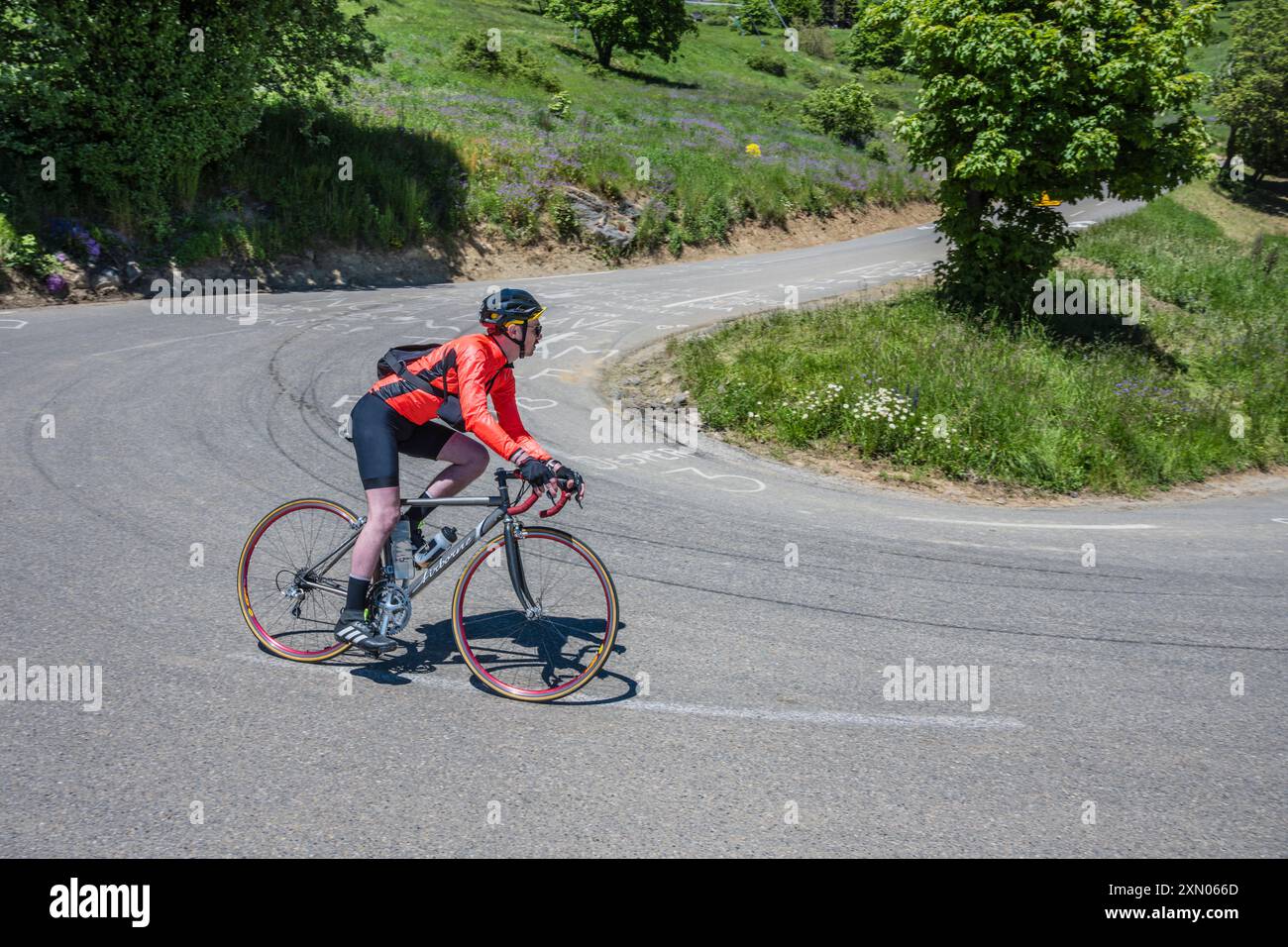 Male road cyclist descending Alpe d"Huez, French Alps Stock Photo - Alamy