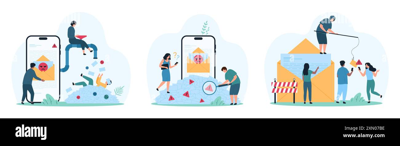 Spam notifications overload set. Tiny people with magnifying glass study mail letters from spam ...