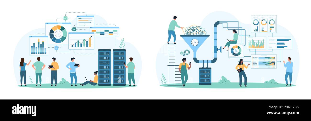 Big data research and conversion process set. Tiny people work on ...