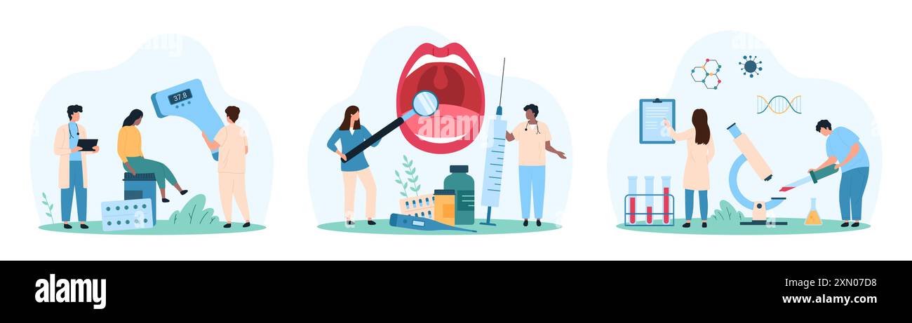 Medical examination by hospital staff set. Tiny people holding infrared ...