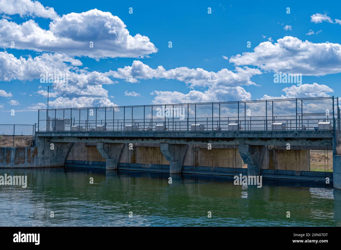 The gates of the O'Sullivan Dam spillway at the Potholes Reservoir ...
