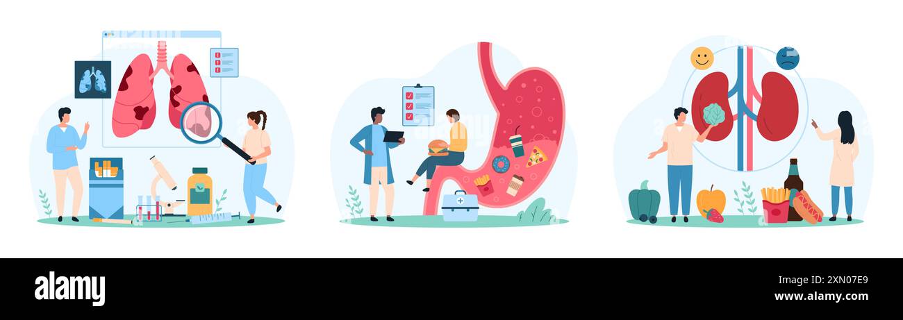 Bad effects of unhealthy lifestyle on internal organ health set. Tiny ...