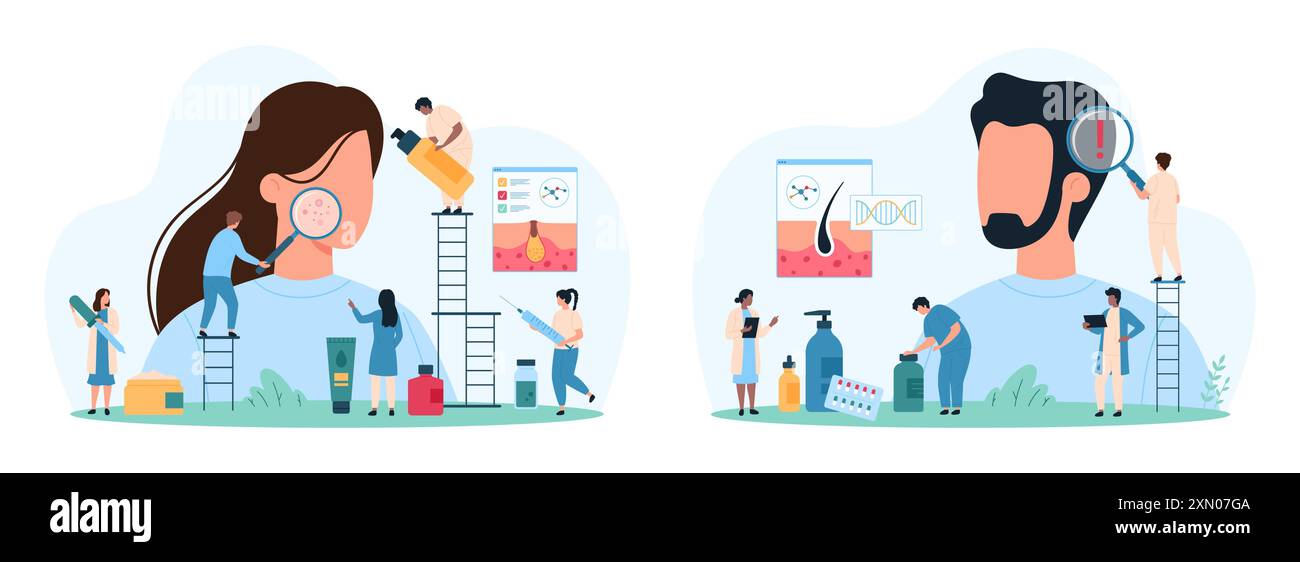 Diagnosis and treatment of skin and hair problems, dermatology set ...