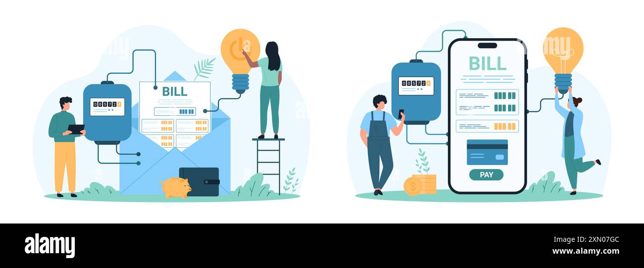 Electricity bill payment set. Tiny people check electric meter readings ...
