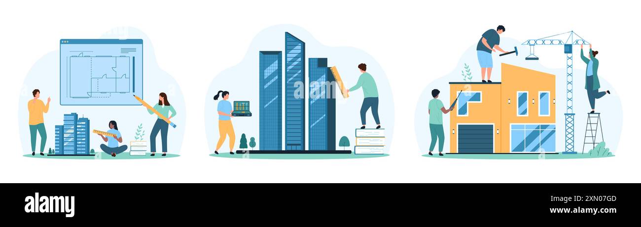 Build and home repair by architects and engineers set. Tiny people with ...