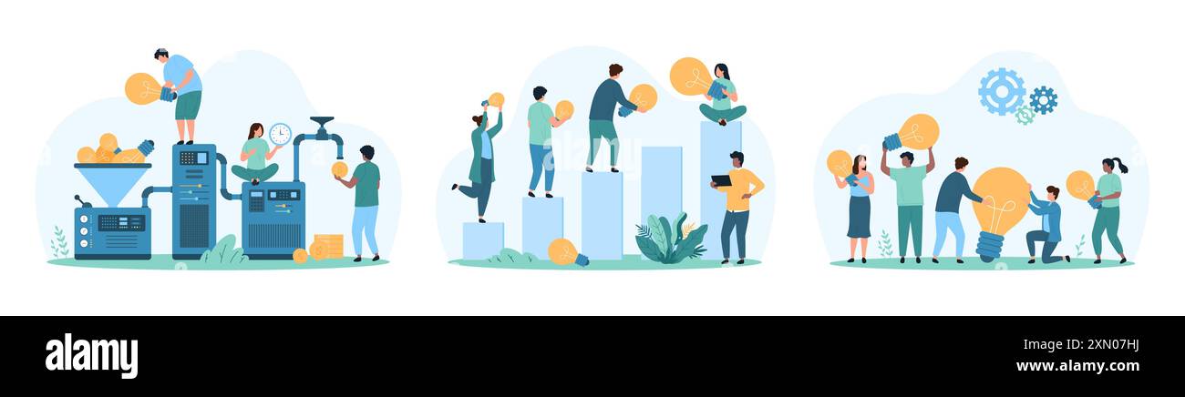 Business idea creation and monetization set. Tiny people make money ... Business idea creation and monetization set. Tiny people make money ...