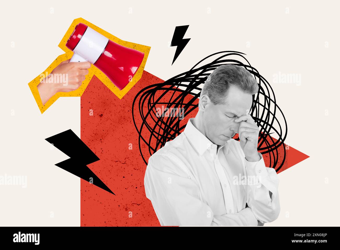 Composite collage image of tired mature man loud noise megaphone ...