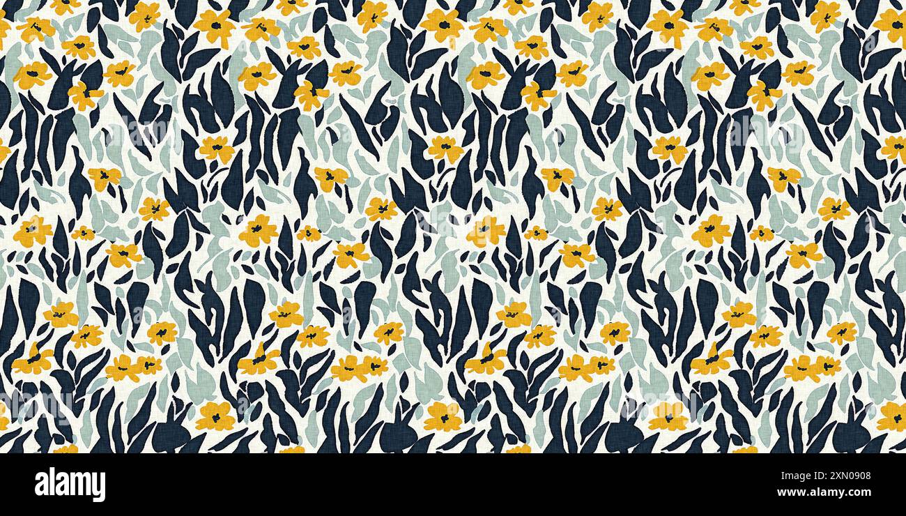 Modern printed fabric flower block print pattern with linen texture ...