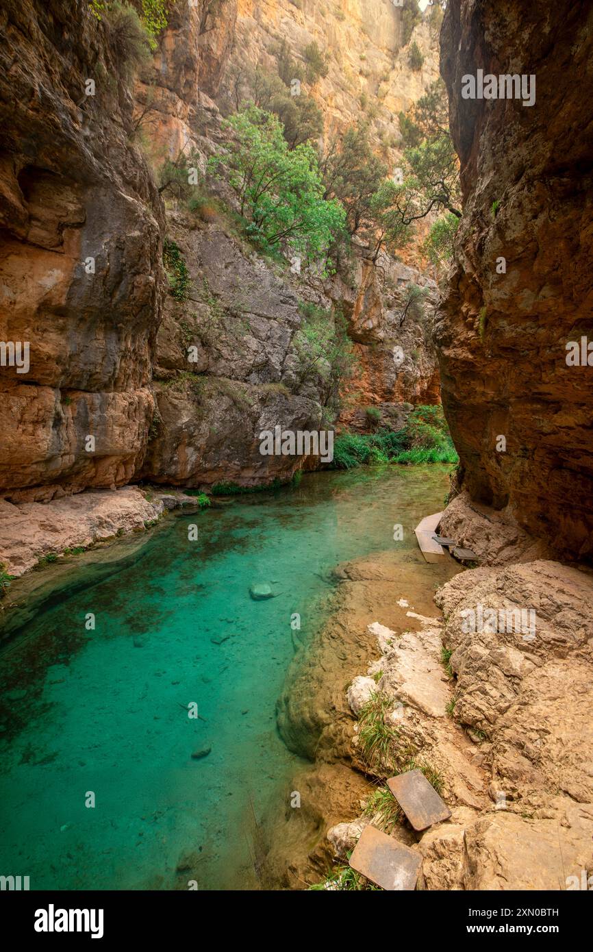 Vertical view of a stretch of the impressive Ebron river strait, Teruel ...